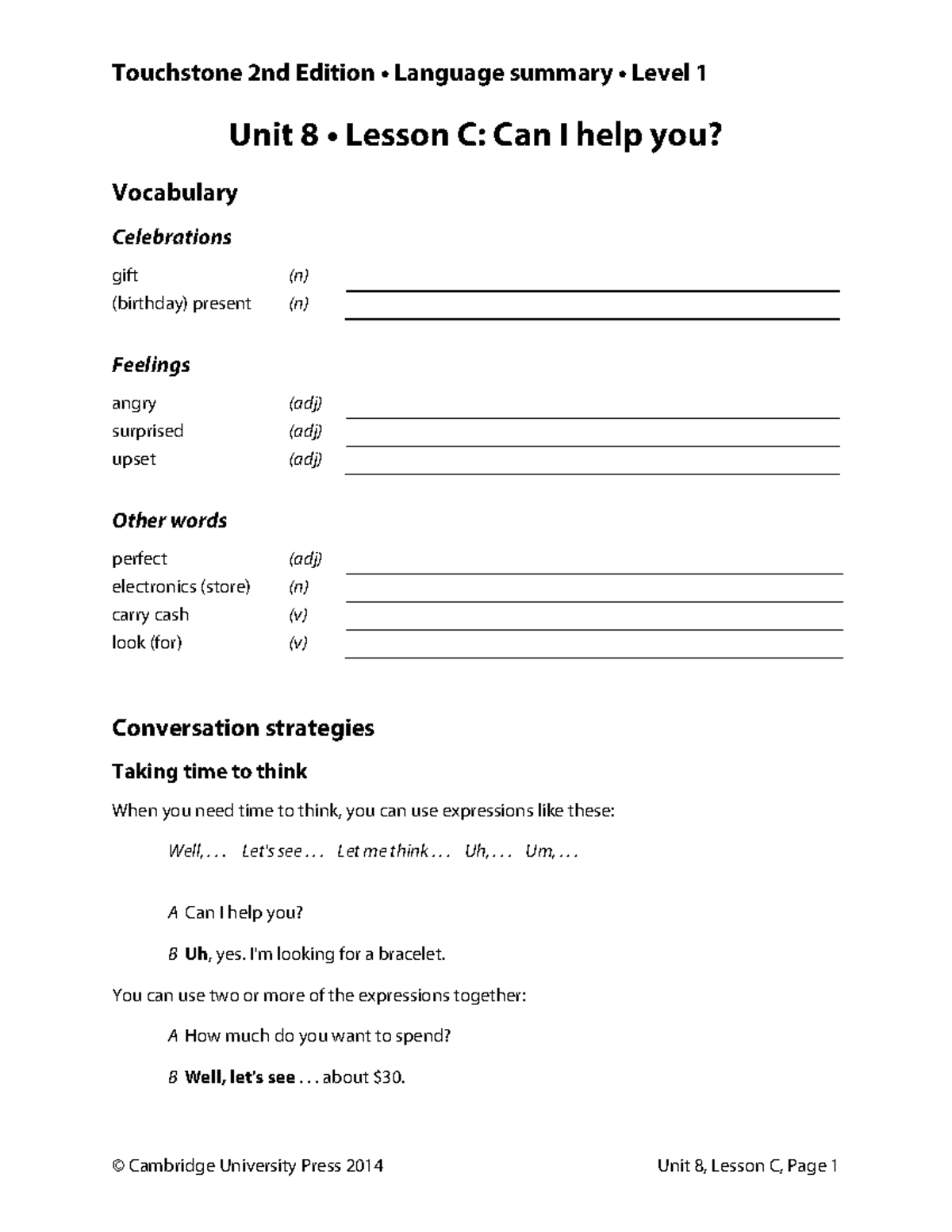 TS2e L1 U8 LC Langsum - Material Obligatorio - Touchstone 2nd Edition • Language summary • Level ...