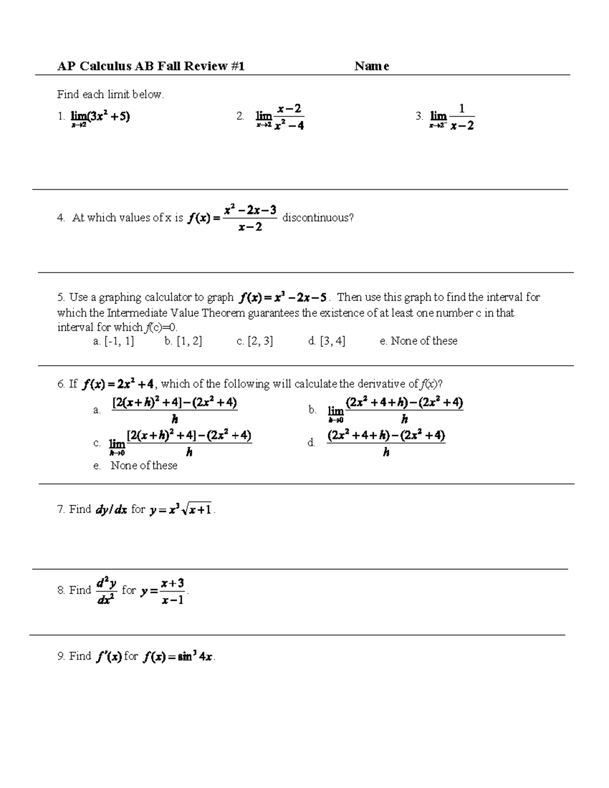 AP Calc Fall Final Review 1 - AP Calculus AB Fall Review #1 Name Find ...