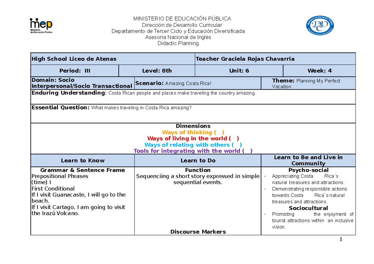 Planning 8th unit 6 ( week 4) - Dirección de Desarrollo Curricular ...