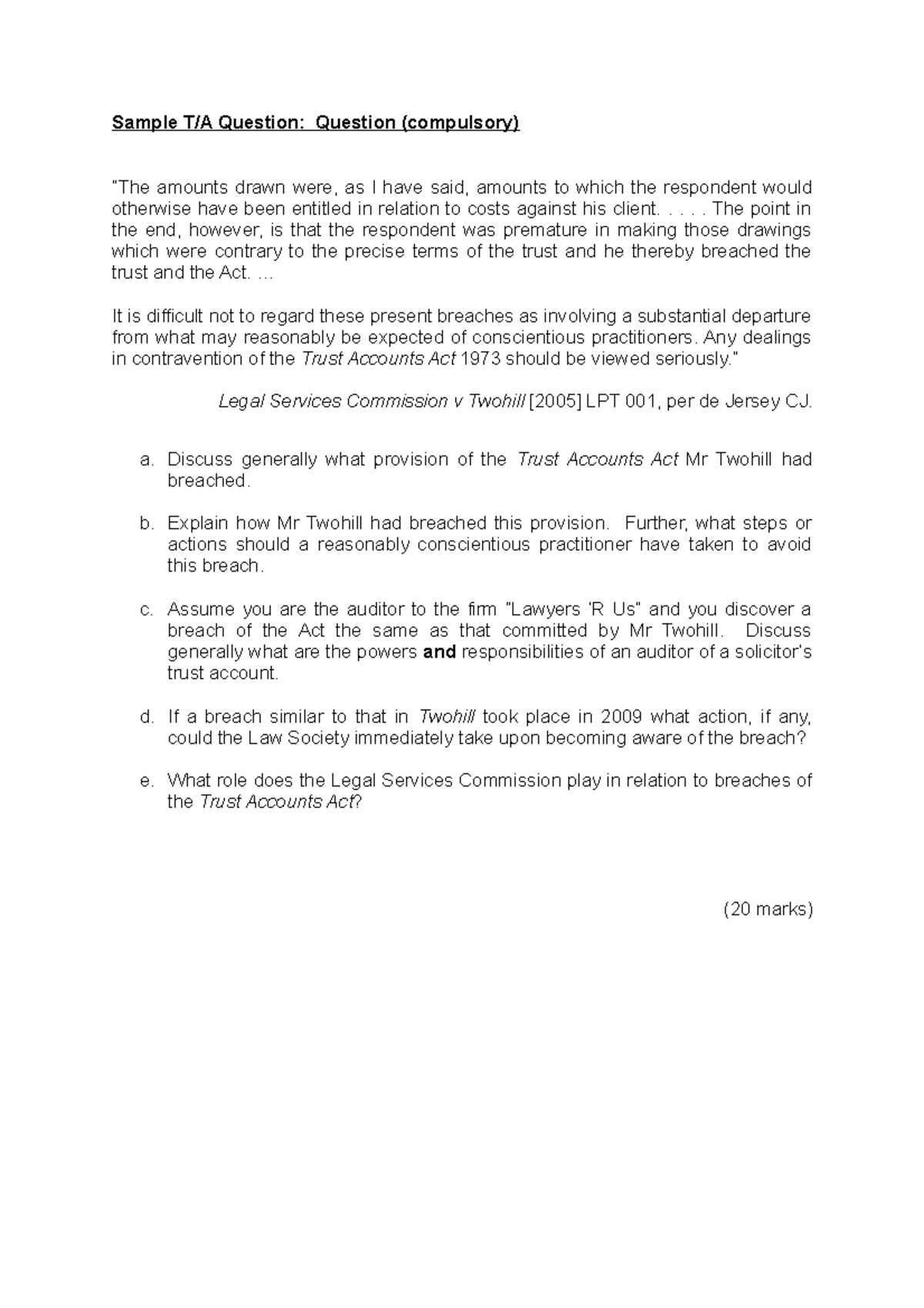 Exam 2014, questions and answers - Sample T/A Question: Question ...