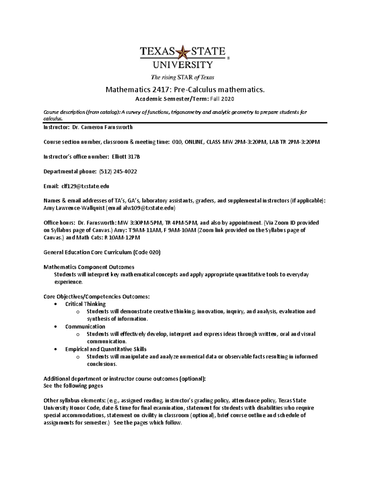 Syllabus - MATH2417 Section 010 Fall 2020 - Mathematics 2417: Pre ...