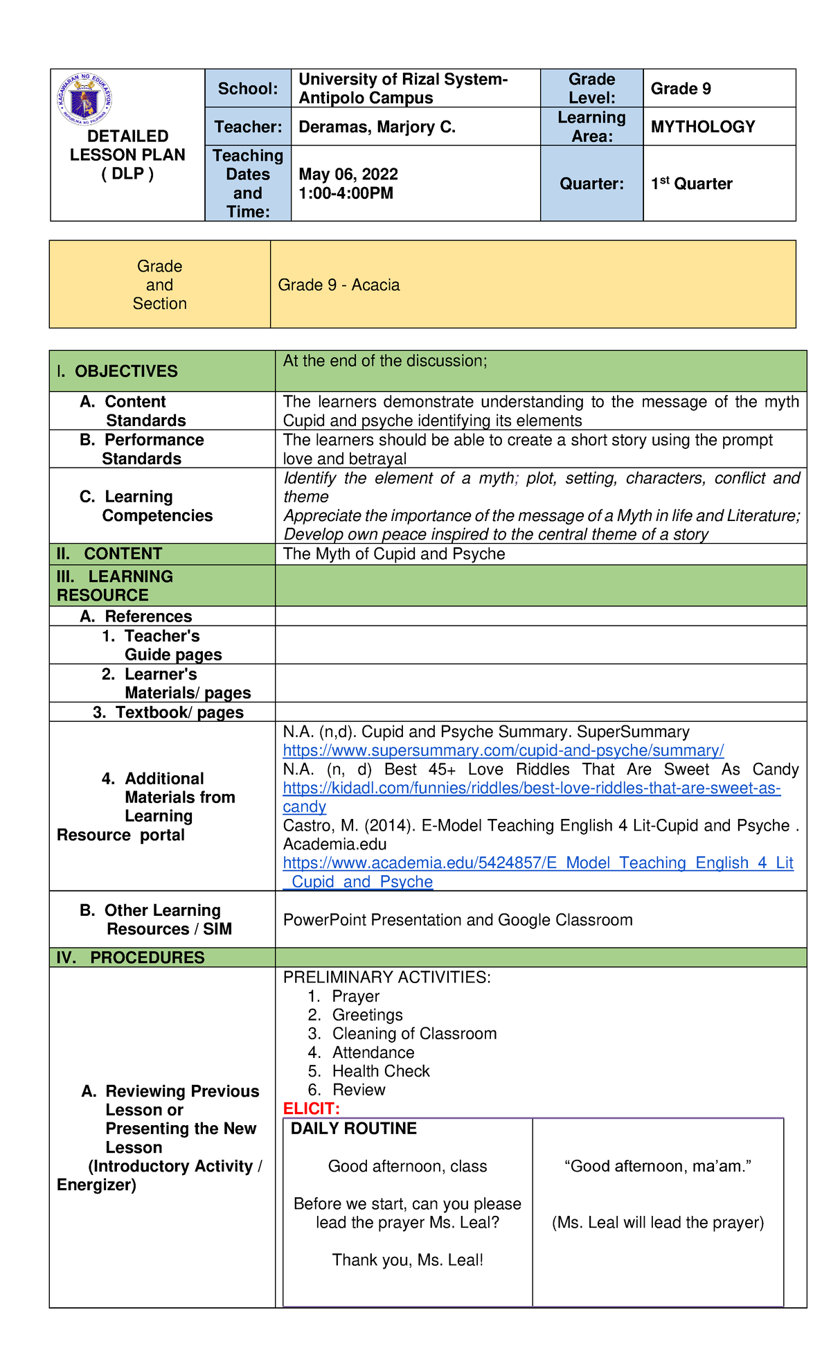 Detailed Lesson Plan (Mythology) - DETAILED LESSON PLAN ( DLP ) School ...