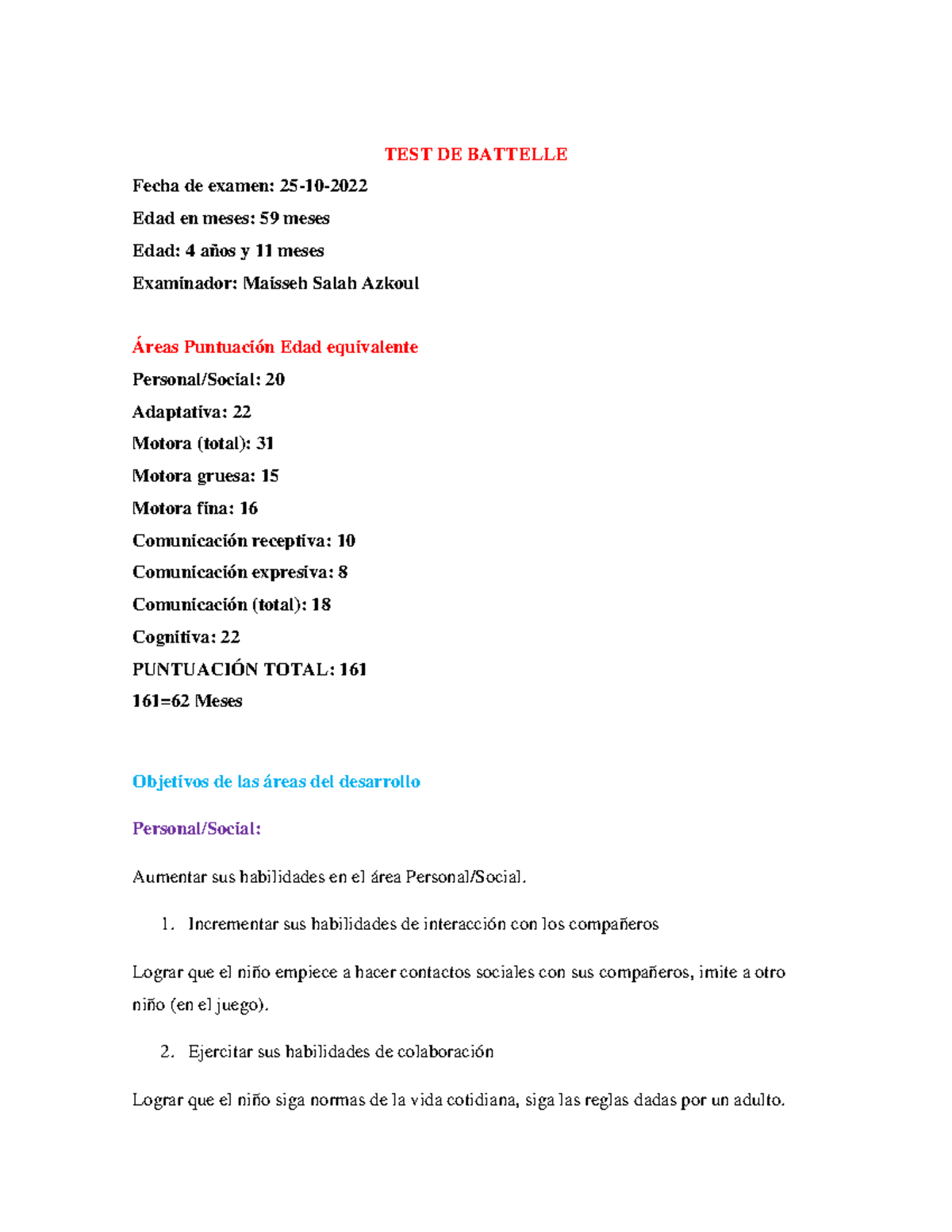 Test de battelle - psicologia apuntes notas - TEST DE BATTELLE Fecha de ...