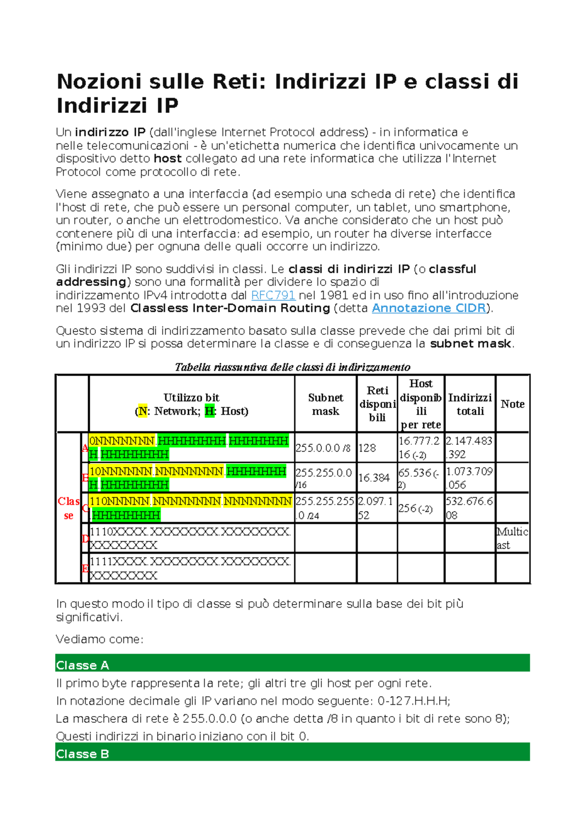 Classificazione degli indirizzi IP - Nozioni sulle Reti: Indirizzi IP e ...