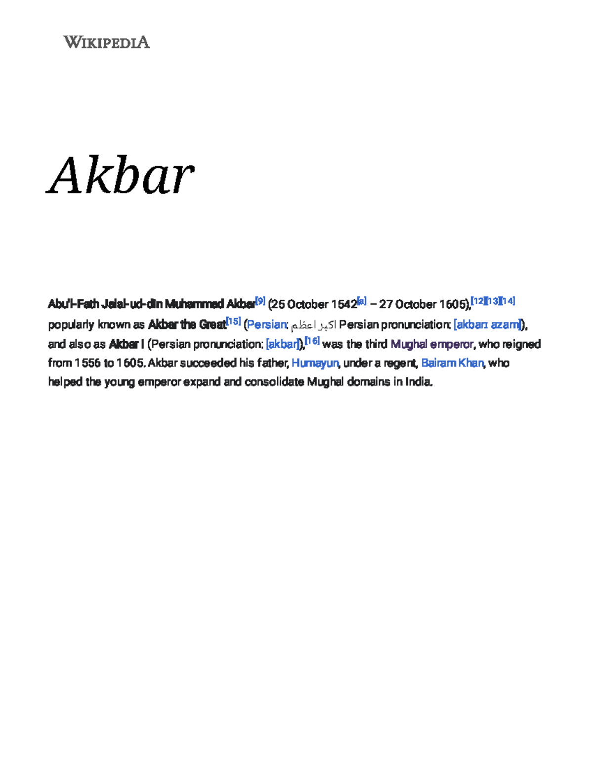 Akbar - Wikipedia - History - Akbar Abu'l- Fath Jalal- ud- din Muhammad ...