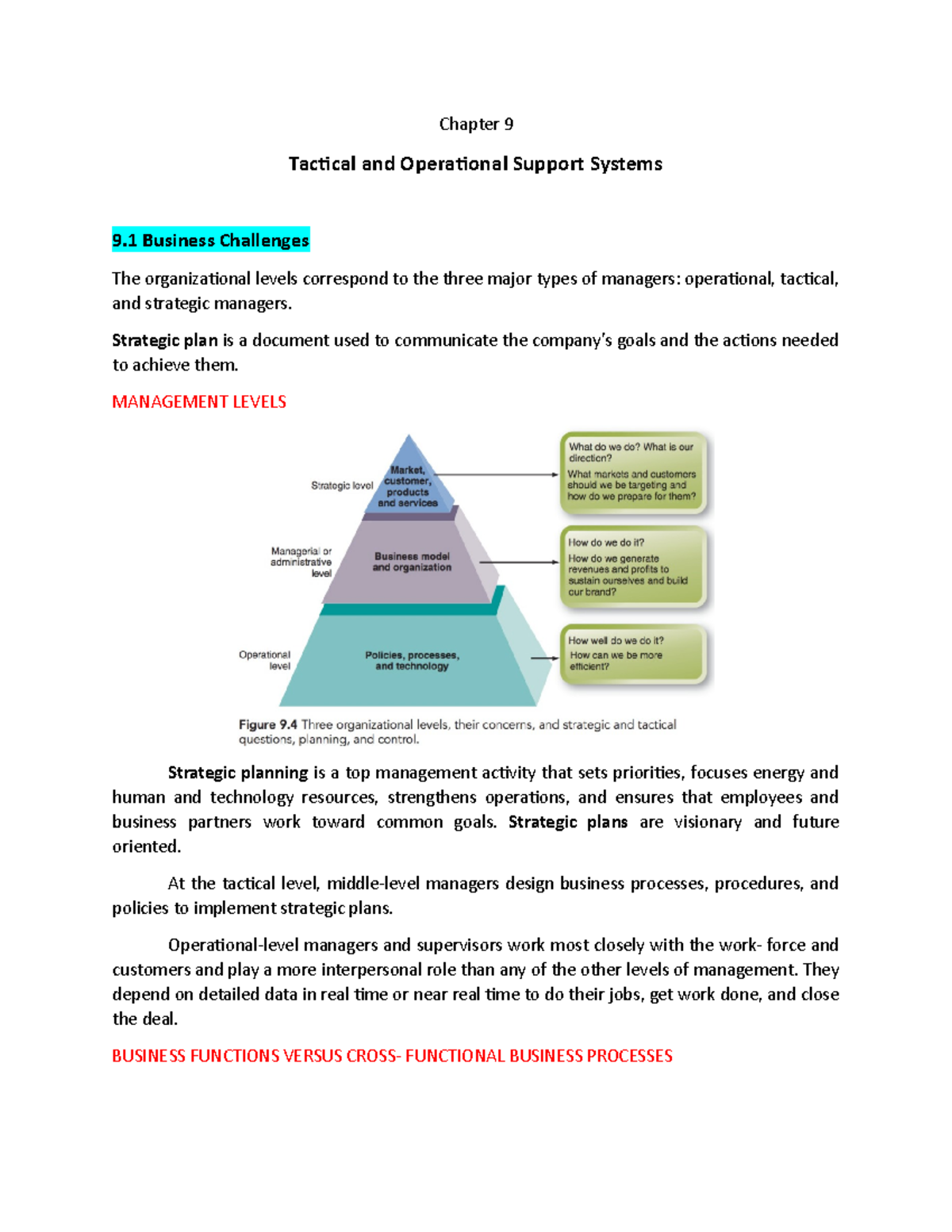 Management Information System ch 9 - Chapter 9 Tactical and Operational ...