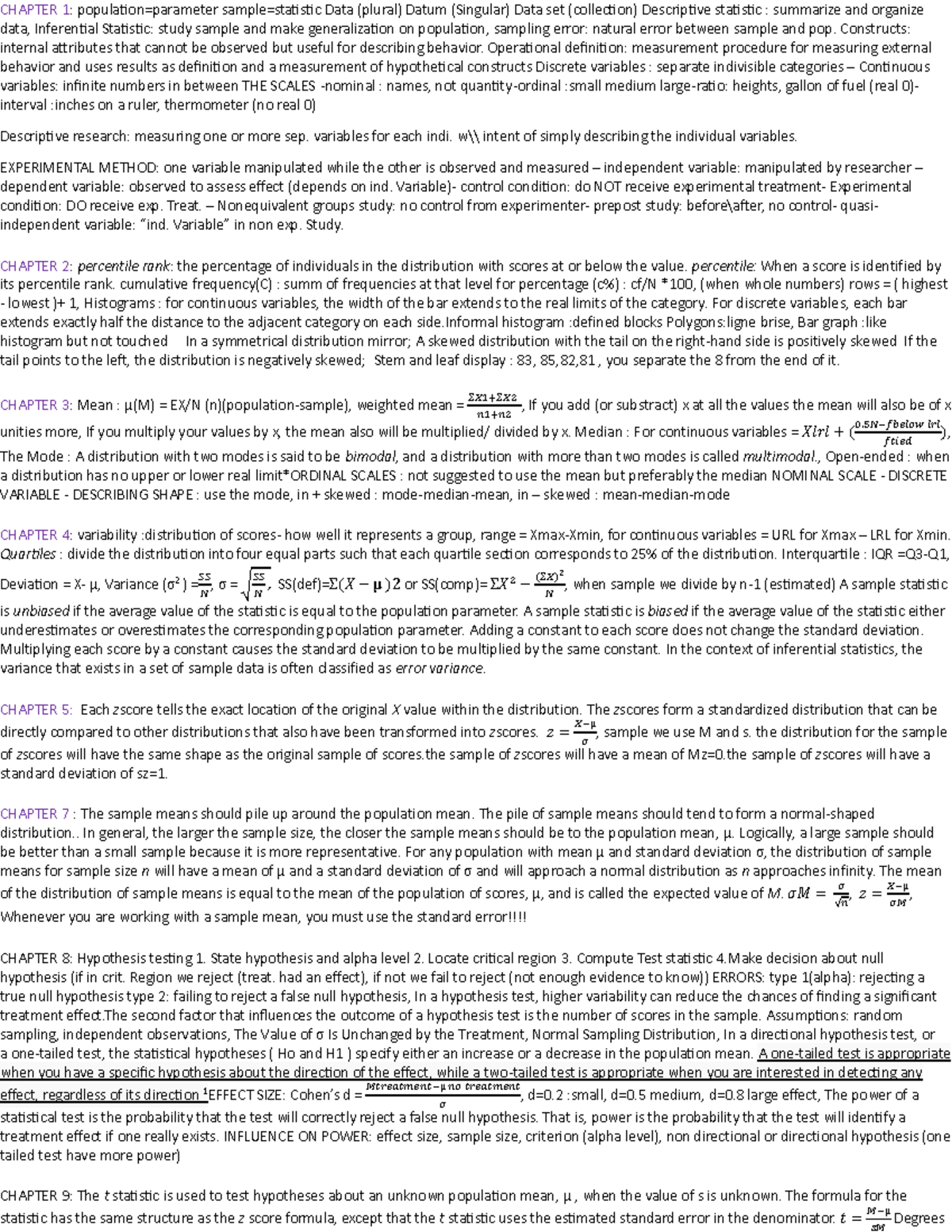 Cheat sheet - CHAPTER 1 : population=parameter sample=statistic Data ...
