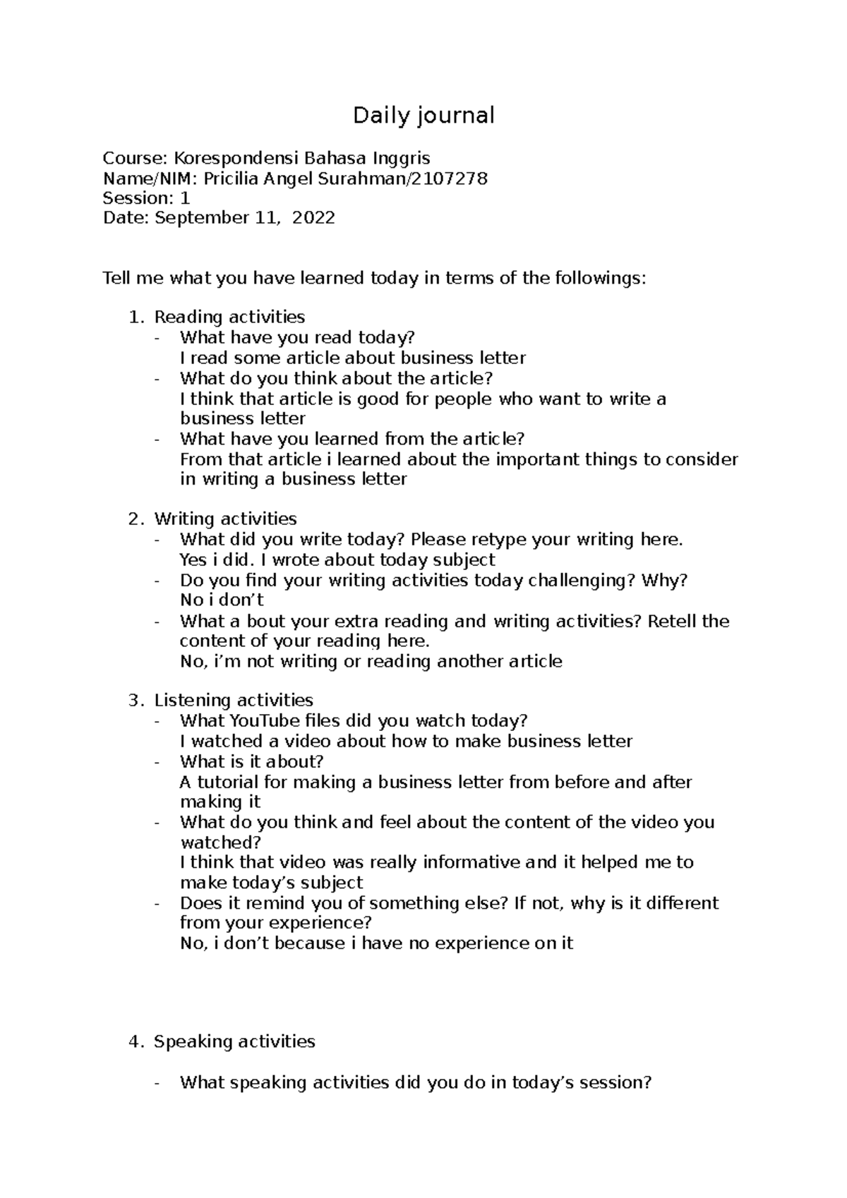 Daily journal at English Course to reflect student's understanding ...