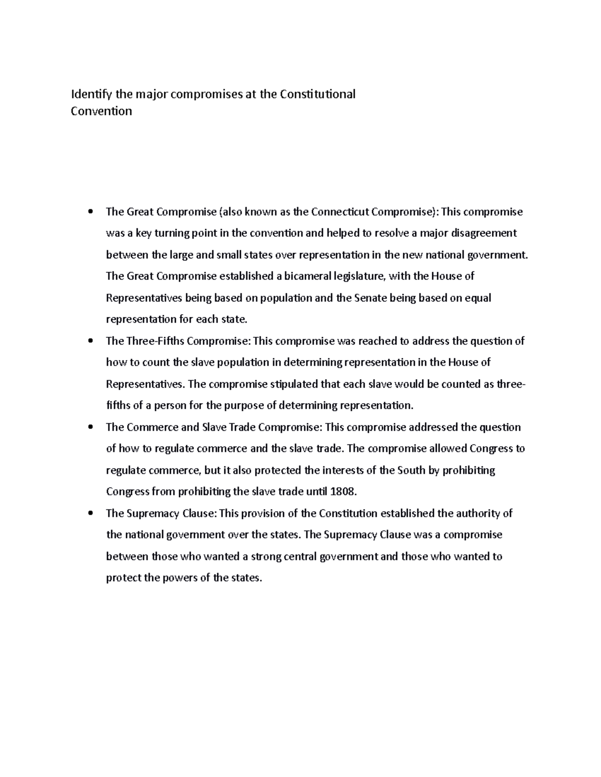 Identify the major compromises at the Constitutional Convention - The ...