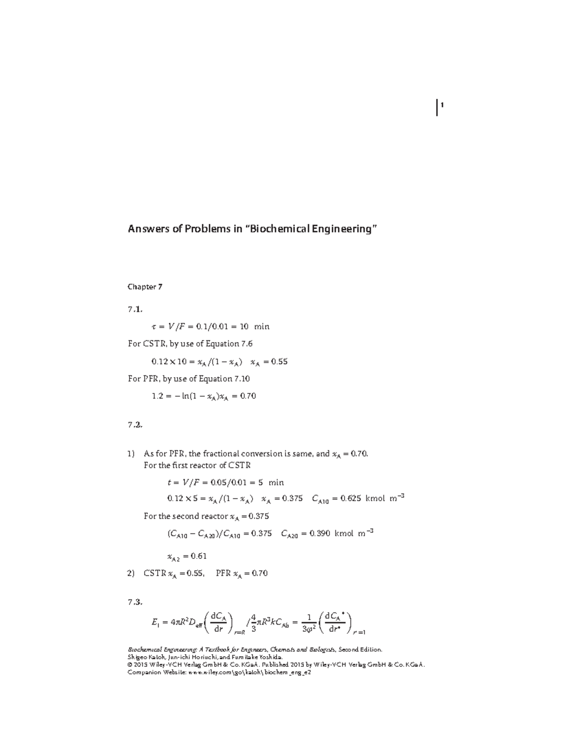 Katoh S07 - Biochemical Engineering Solutions Manual - 1 Answers of ...