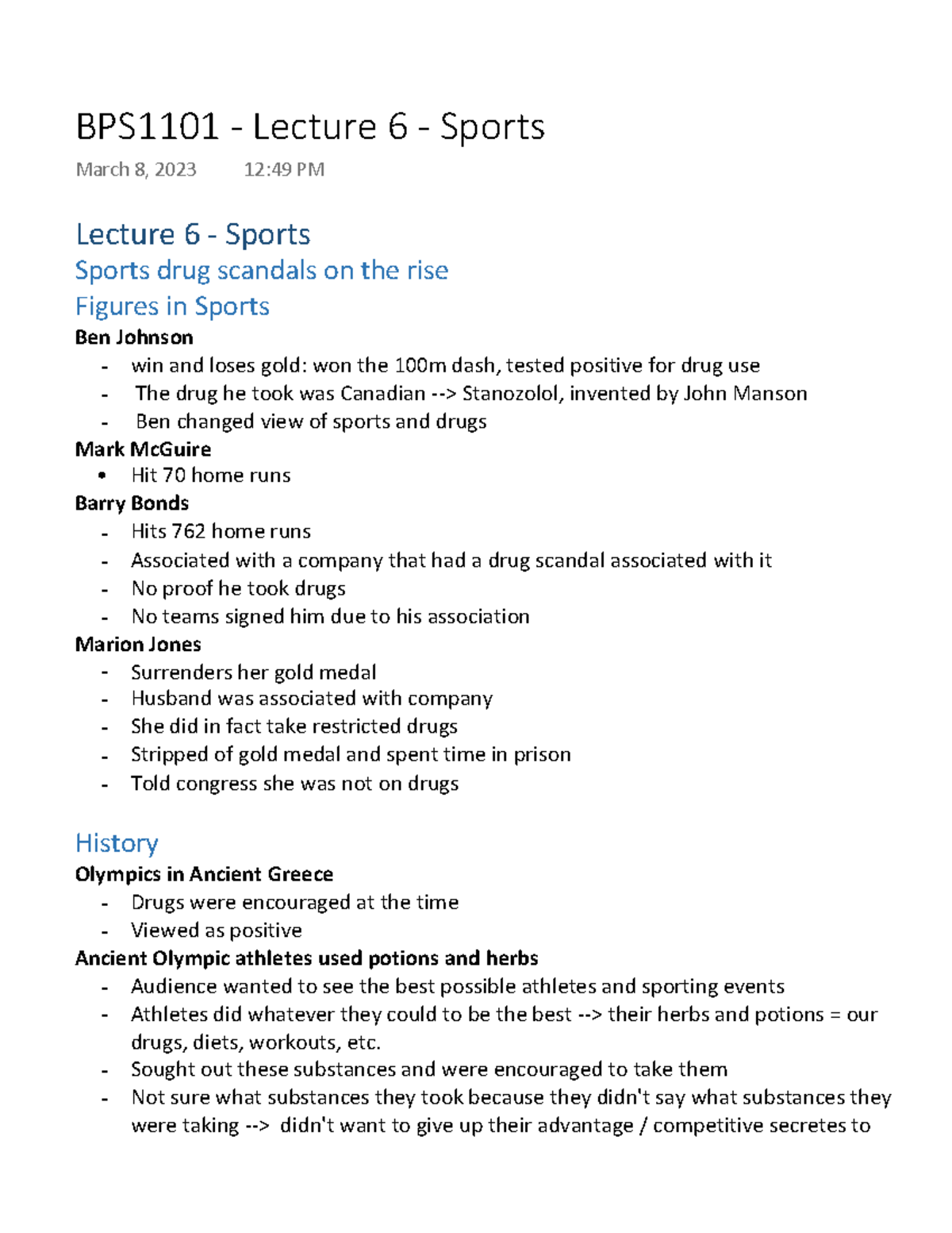 BPS1101 - Lecture 6 - Sports - Lecture 6 - Sports Sports drug scandals ...