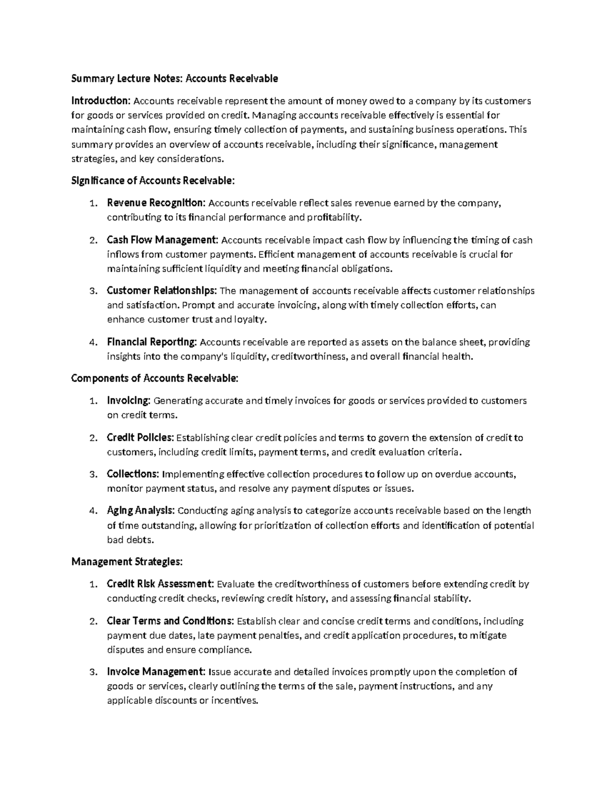 Summary Lecture Notes On Accounts Receivable Summary Lecture Notes