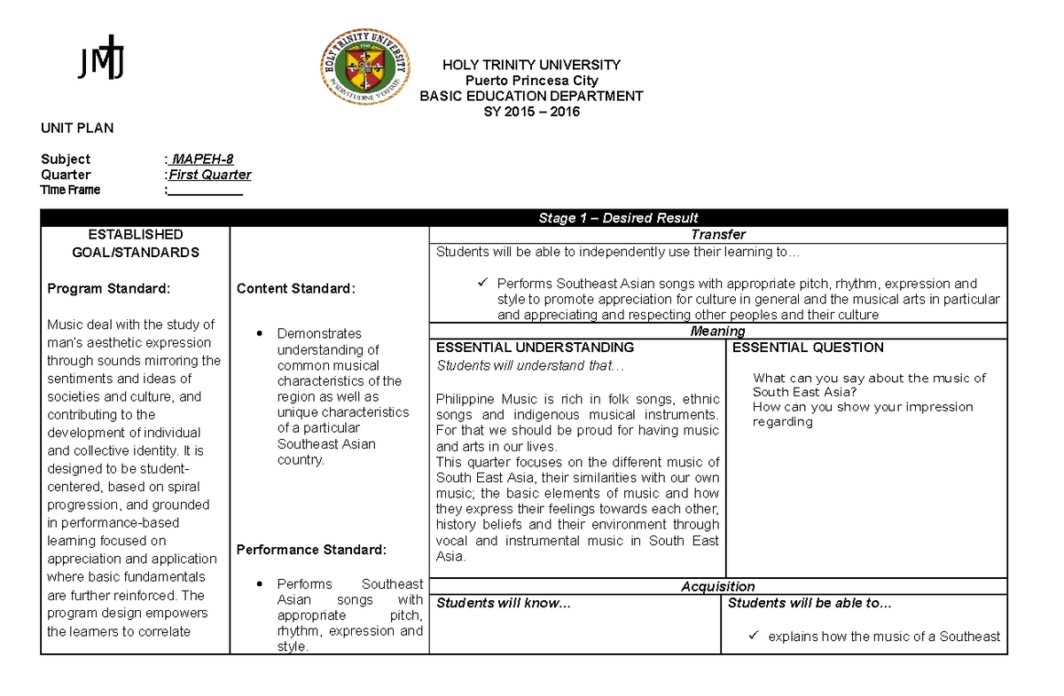 Unit Plan (music) Grade 8 - HOLY TRINITY UNIVERSITY Puerto Princesa ...