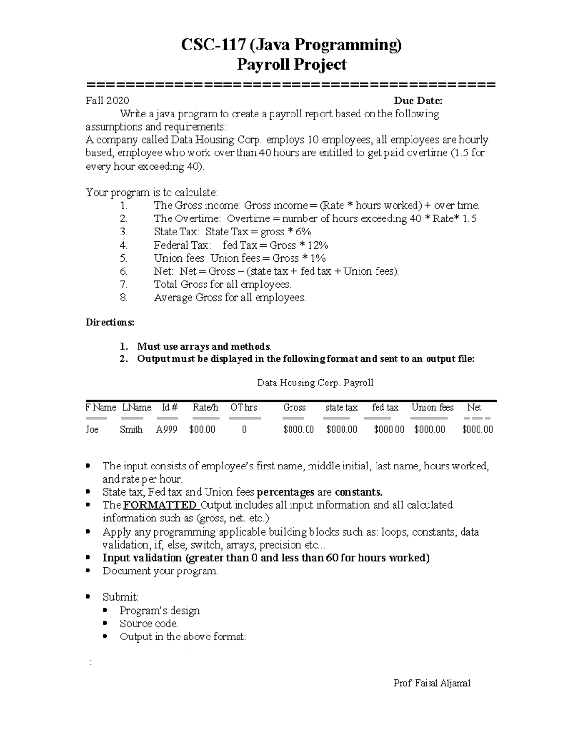 Arrays Methods and files Payroll project-1 - CSC-117 (Java Programming) Payroll Project - Studocu