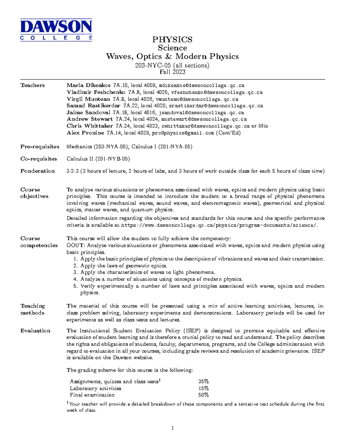 203-NYC-05 Fall2023 - Course outline for fall 2023 - PHYSICS Science ...