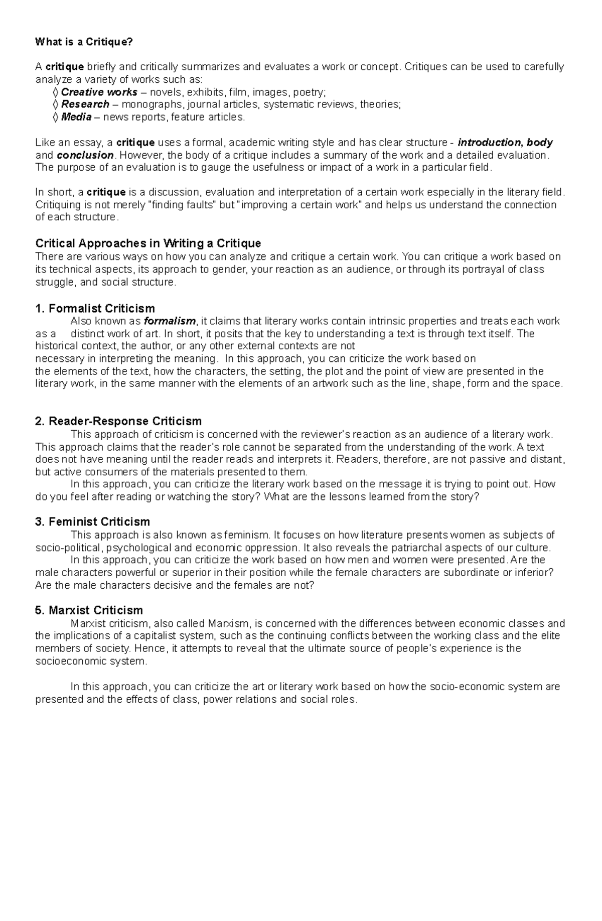 What is a Critique - Critiques can be used to carefully analyze a ...