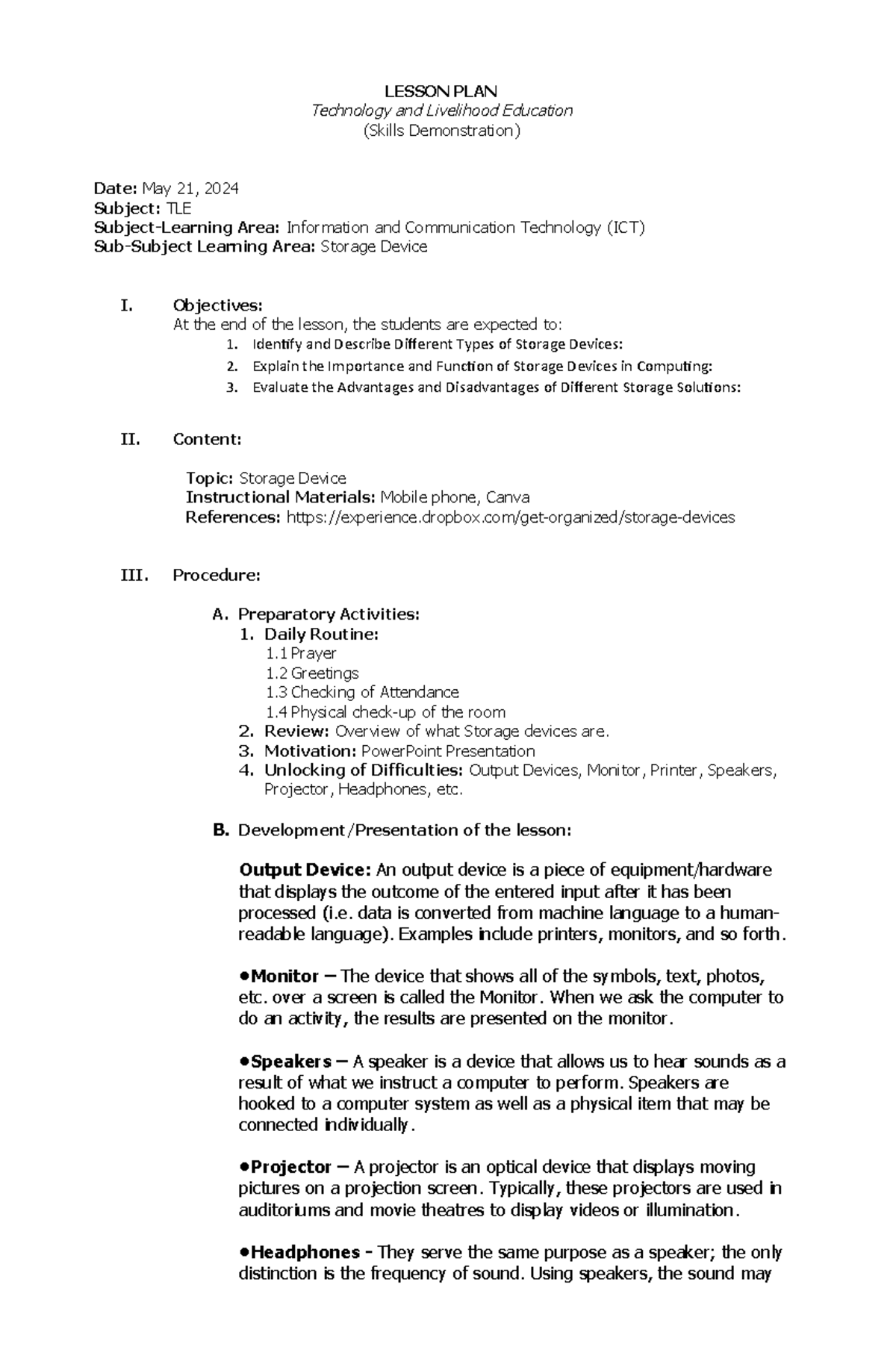 Computer-Output-Devices - LESSON PLAN Technology and Livelihood ...