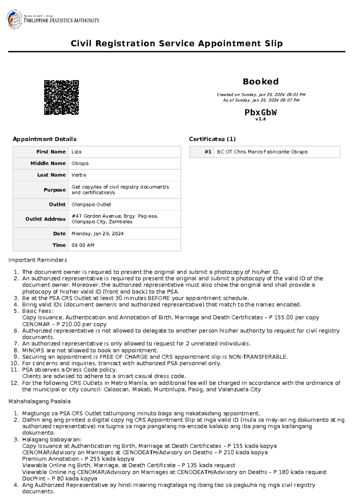 Papers of the work - Civil Registration Service Appointment Slip Booked ...