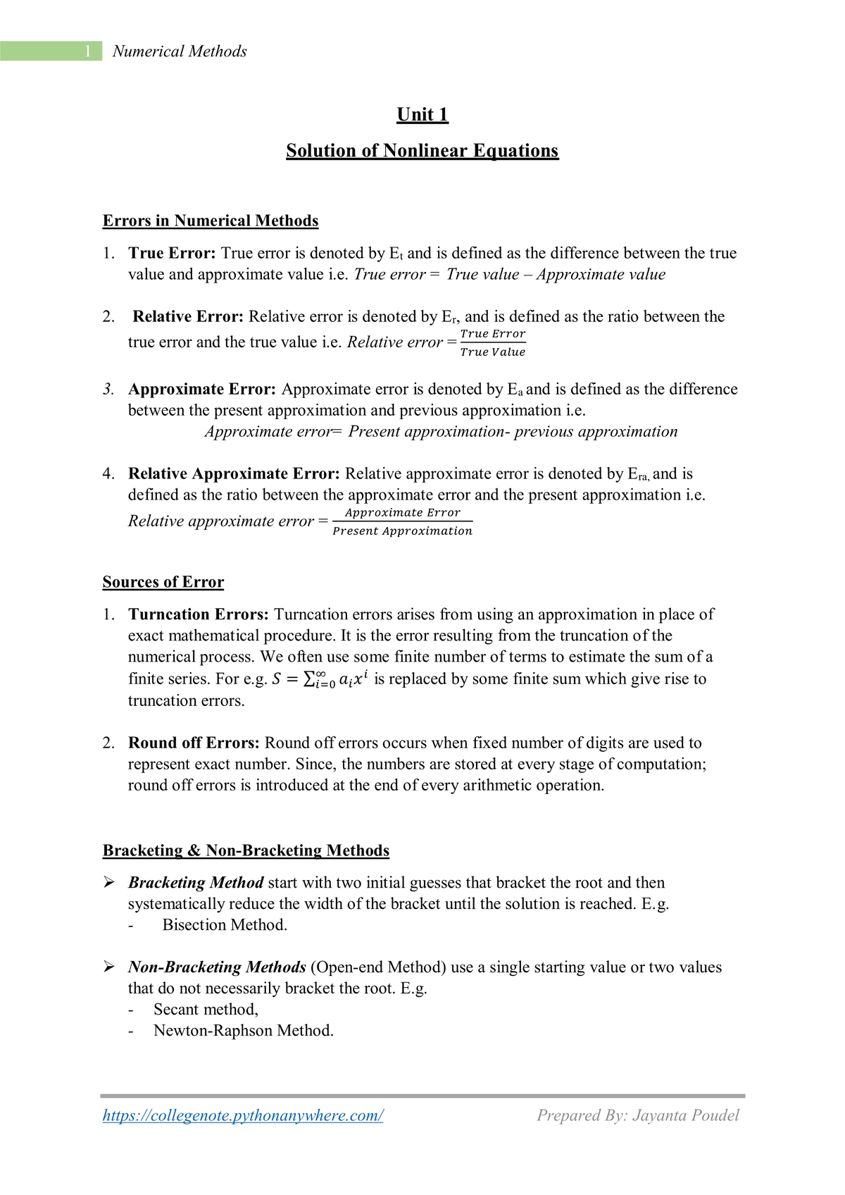 Nm-up-1 - summeriy of NM chapter 1 - Numerical Method - PoU - Studocu