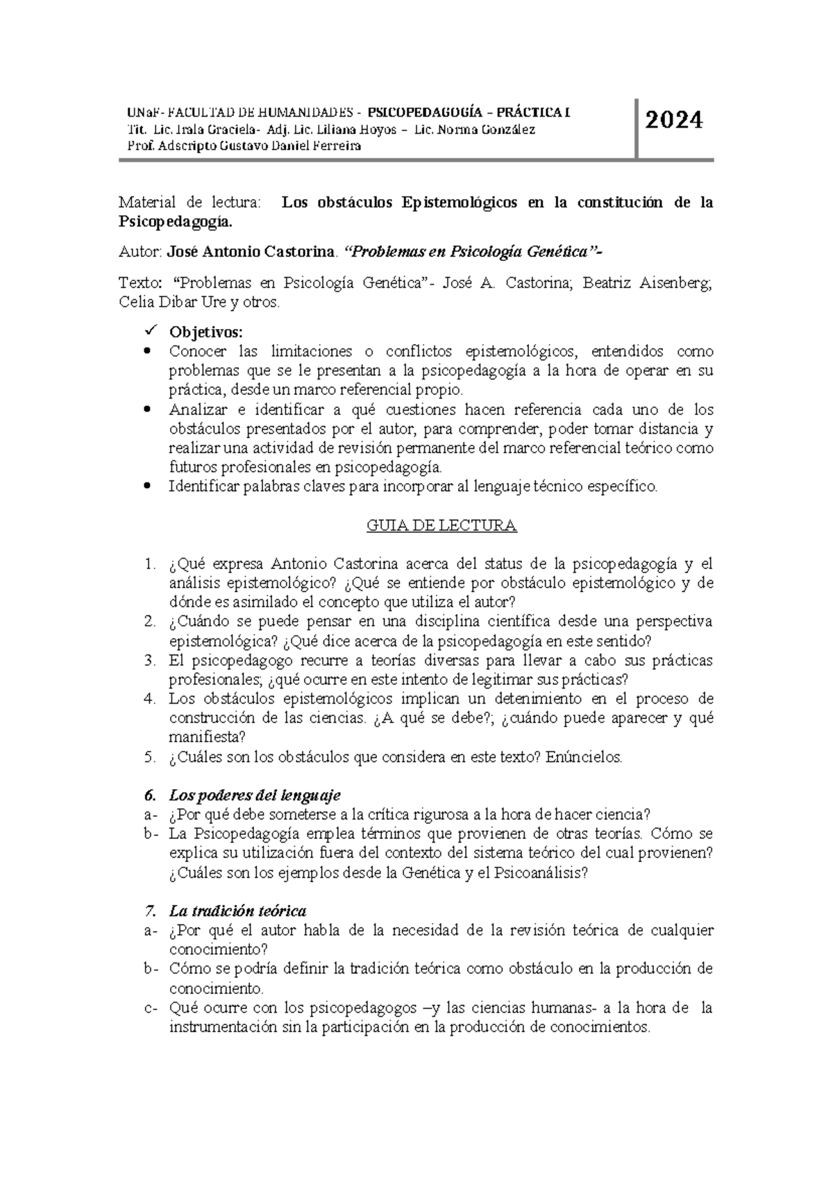 Guía Lectura Castorina José A. Obstáculos Epistemológicos - UNaF ...