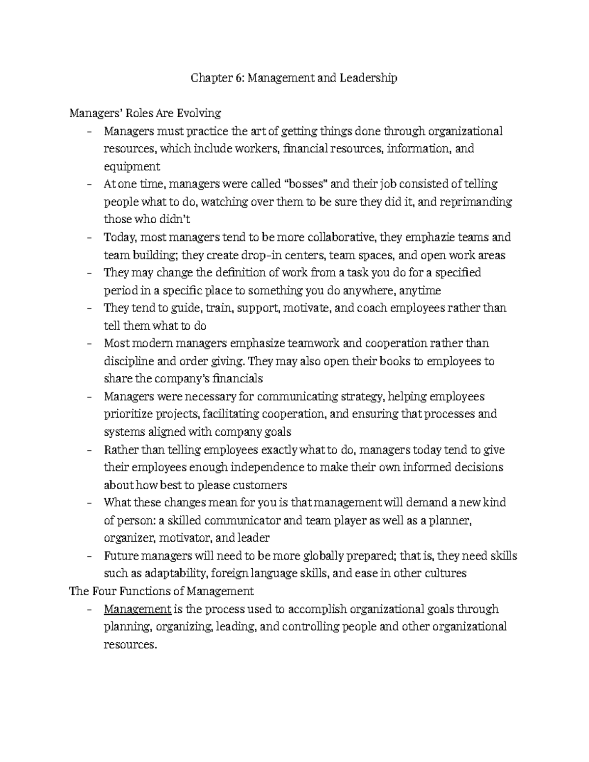 Chapter 6 Management and Leadership - Chapter 6: Management and ...