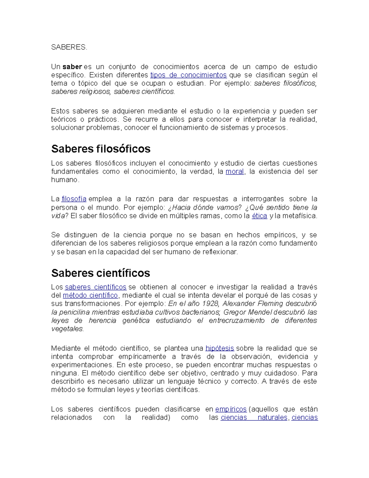 Saberes. Concepto. Tipos - SABERES. Un saber es un conjunto de ...