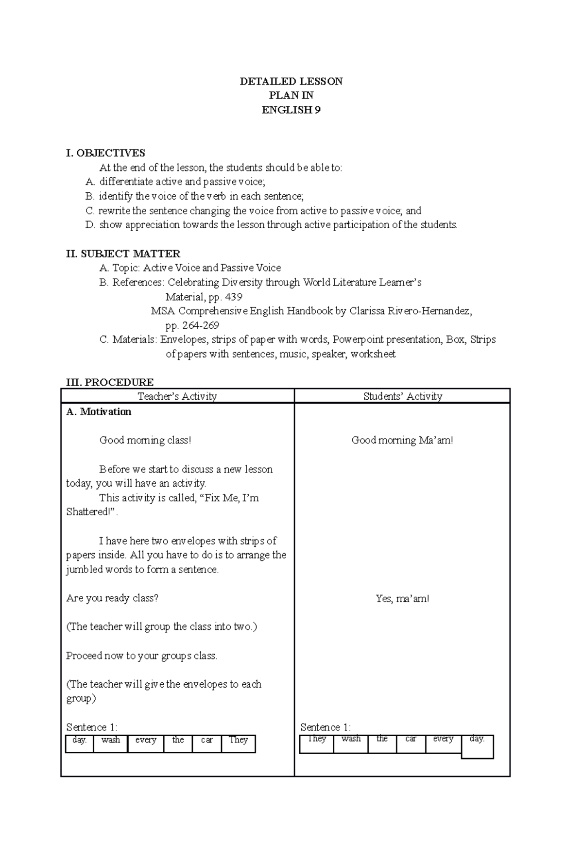 Active and pasive voice detailed lesson plan - DETAILED LESSON PLAN IN ...