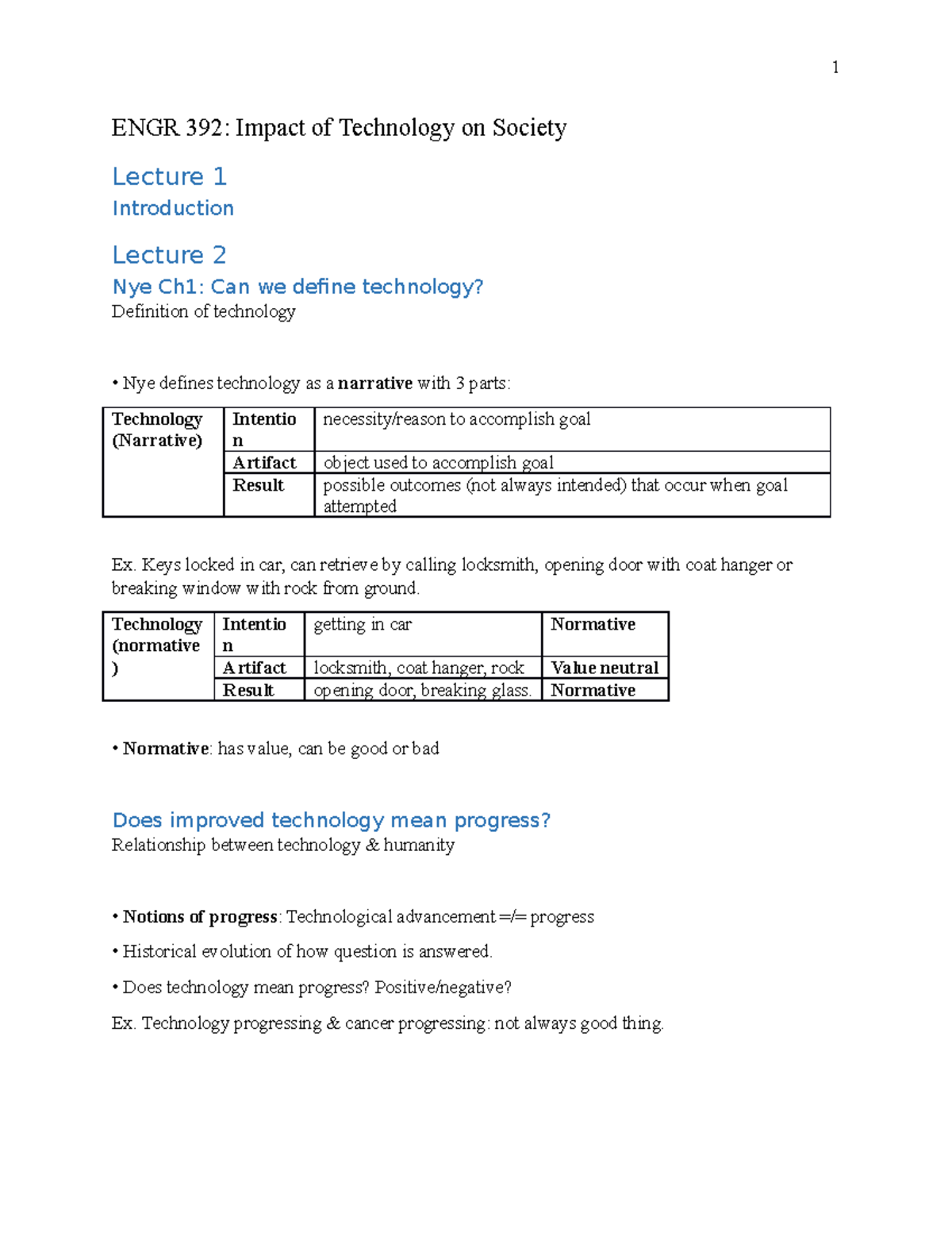 Summary - lecture week 1-6 - 1 ENGR 392: Impact of Technology on ...