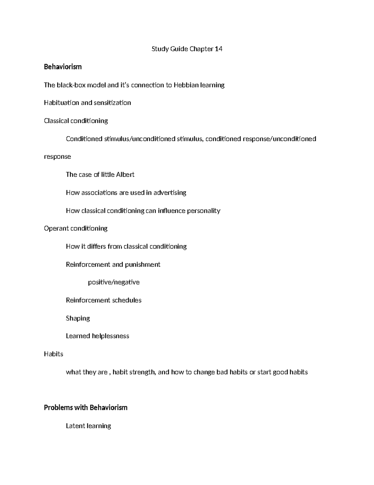 Chapter 14 Study Guide - Study Guide Chapter 14 Behaviorism The black-box model and it’s ...