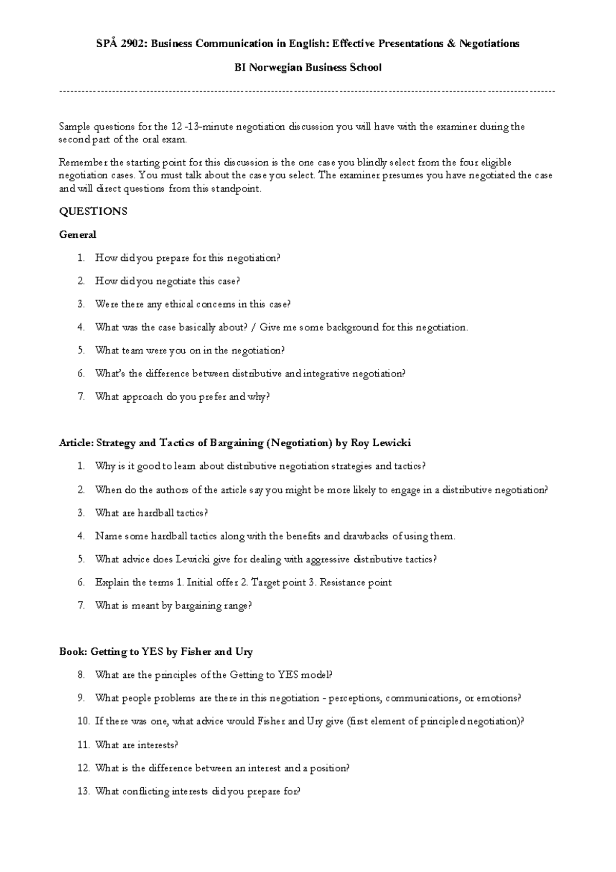 Sample Questions Negotiation Discussion D08 - SPÅ 2902: Business ...
