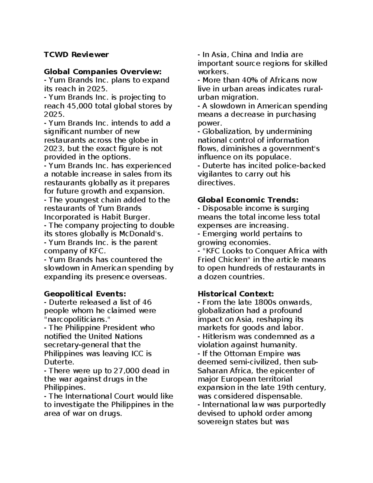 Reviewer-TCWD-Prelims - TCWD Reviewer Global Companies Overview: Yum ...