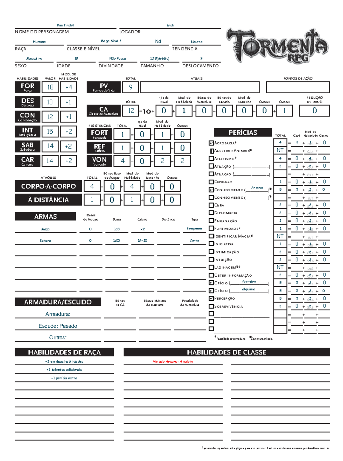 Ficha - Tormenta RPG Kim Findell - Rpg Belph - = + + + + NOME DO ...