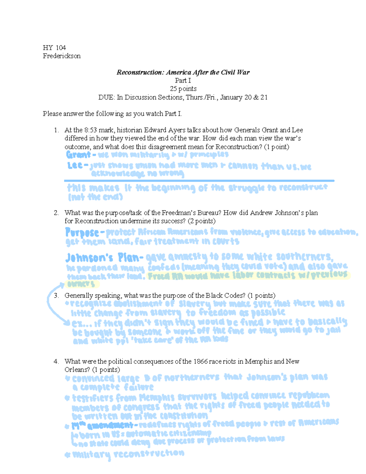 Reconstruction America After the Civil War Questions - HY 104 ...