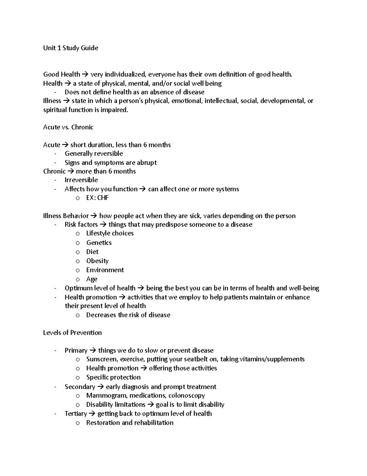 Unit 1 Study Guide - Unit 1 Study Guide Good Health very individualized ...