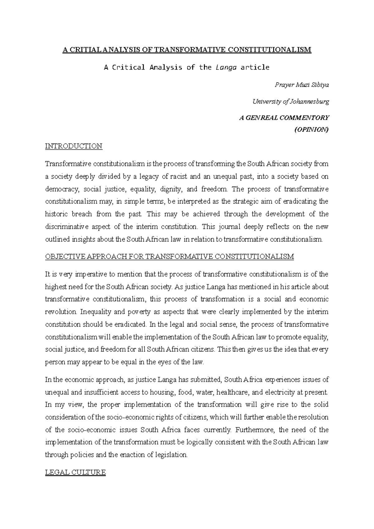 Transformative Constitutionalism, a critical analysis - A CRITIAL ...