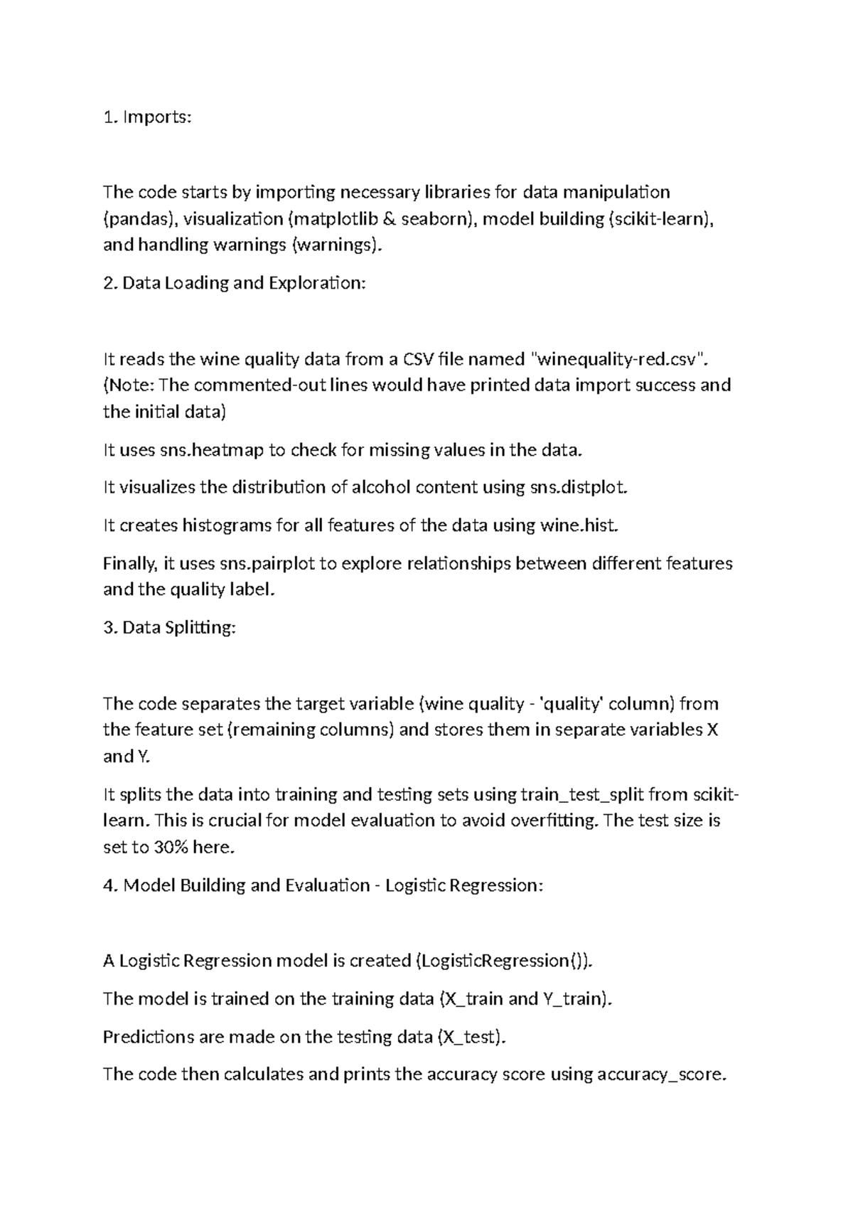 Repot help - ml wine quality te - Imports: The code starts by importing ...