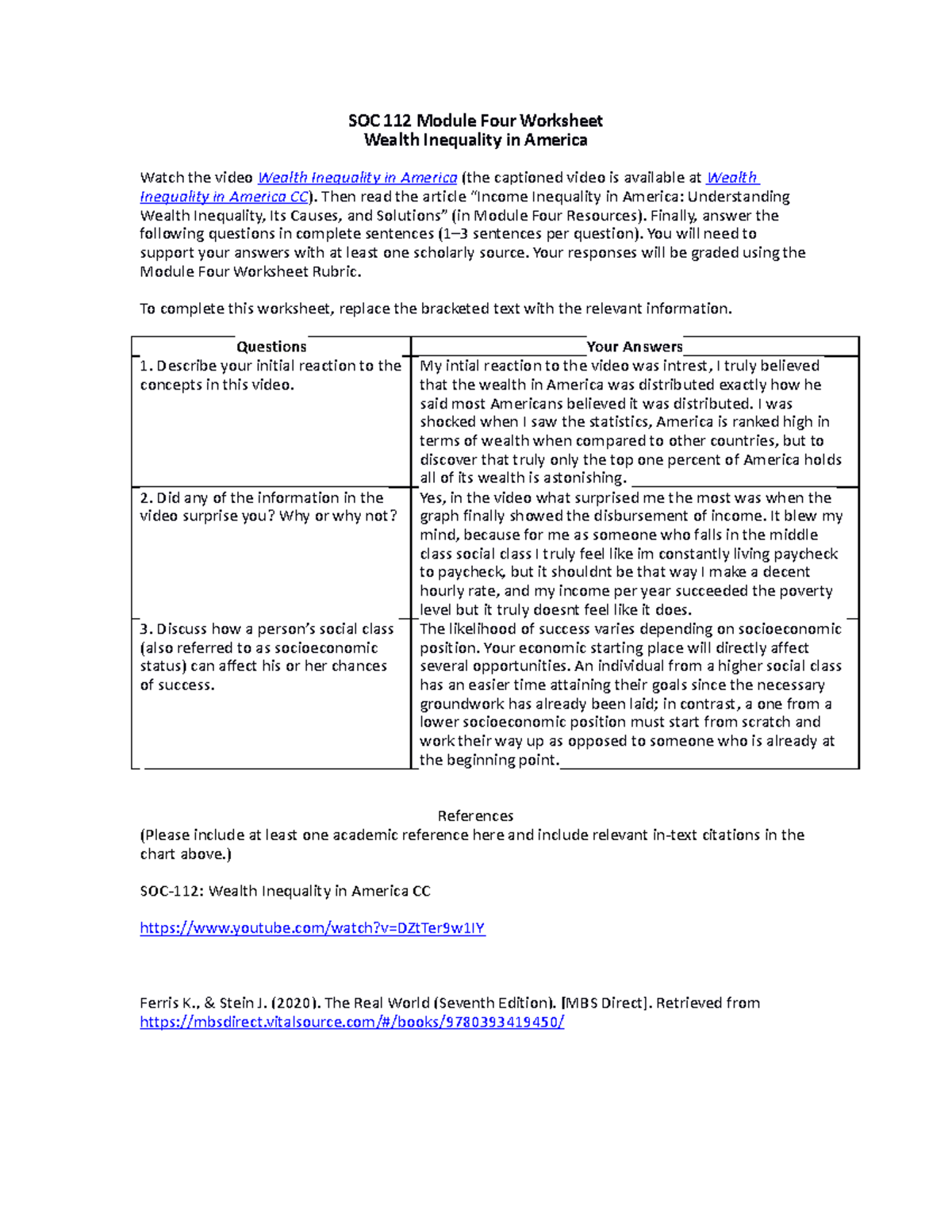 SOC 112 Module Four Worksheet - SOC 112 Module Four Worksheet Wealth Inequality in America Watch ...