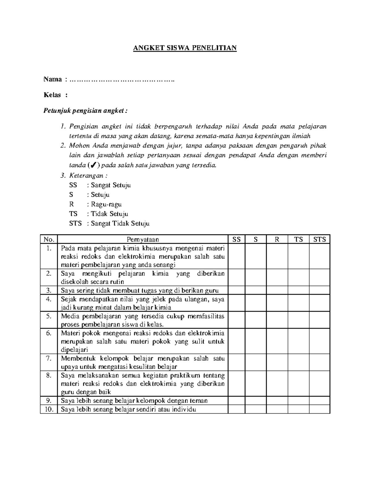 Formulir Angket - ANGKET SISWA PENELITIAN Nama