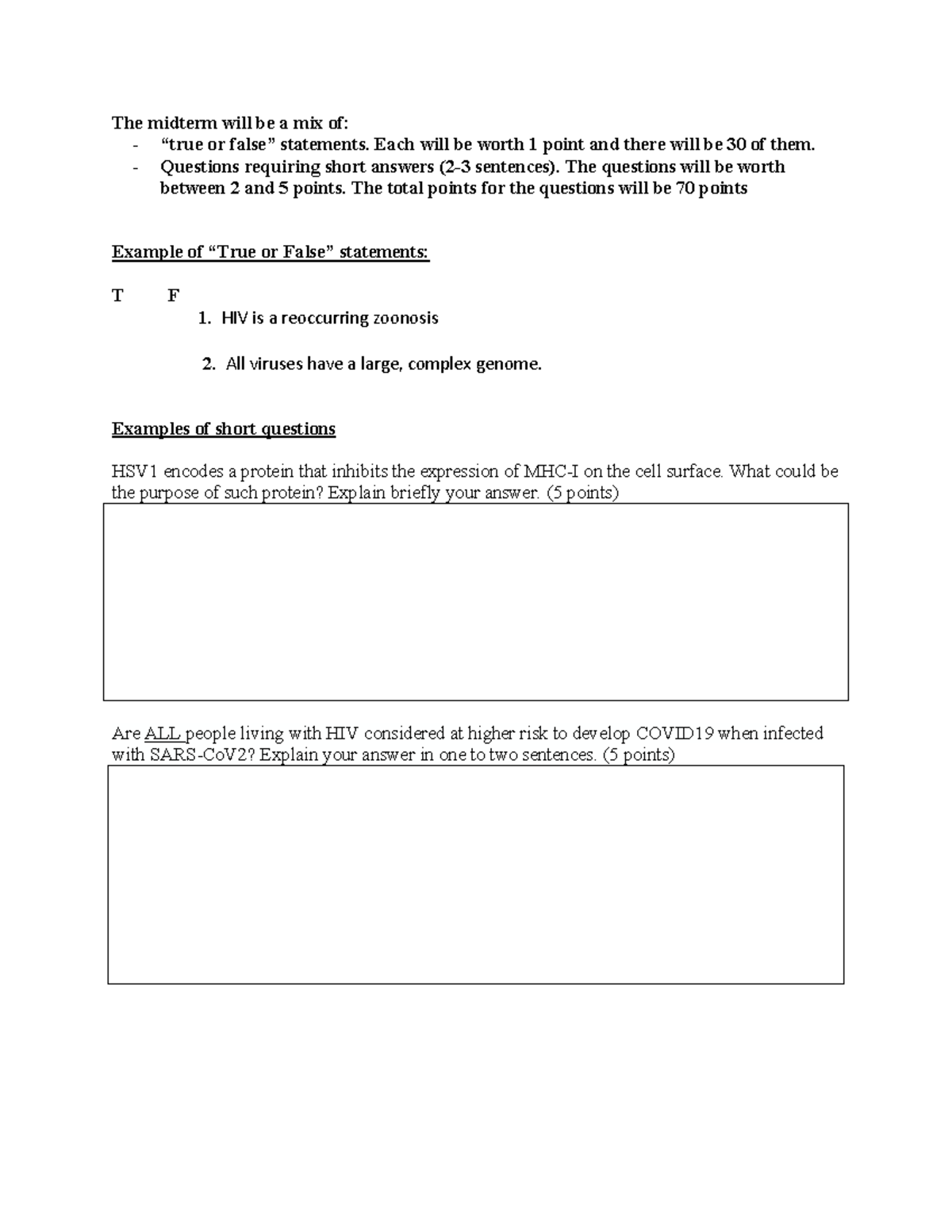 Example of midterm 2 questions - The midterm will be a mix of: - “true or false” statements ...