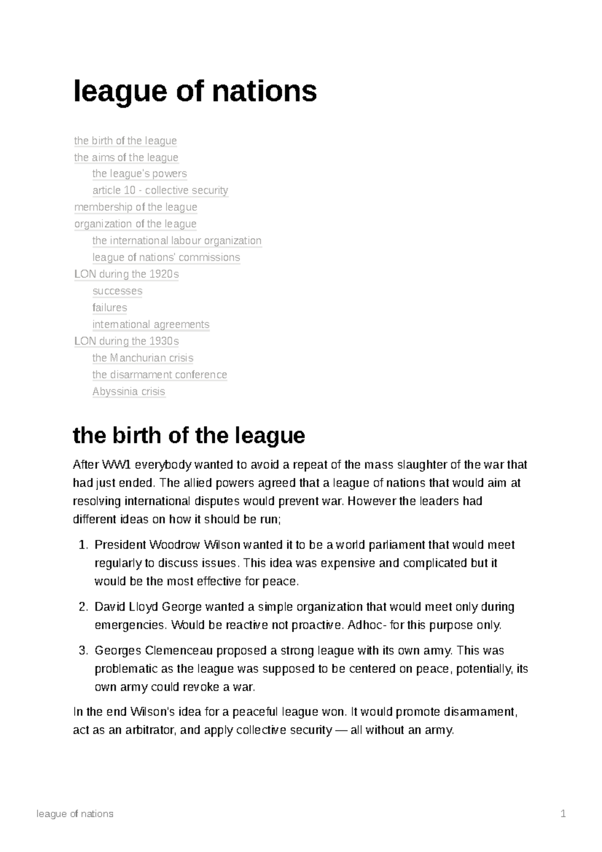 League of nations - league of nations the birth of the league After WW1 ...