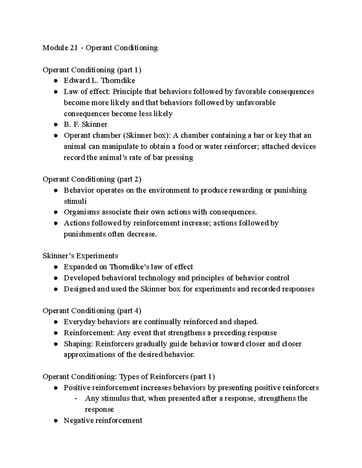 PSYC 114 Module 21 Notes - Module 21 Operant Conditioning Operant ...