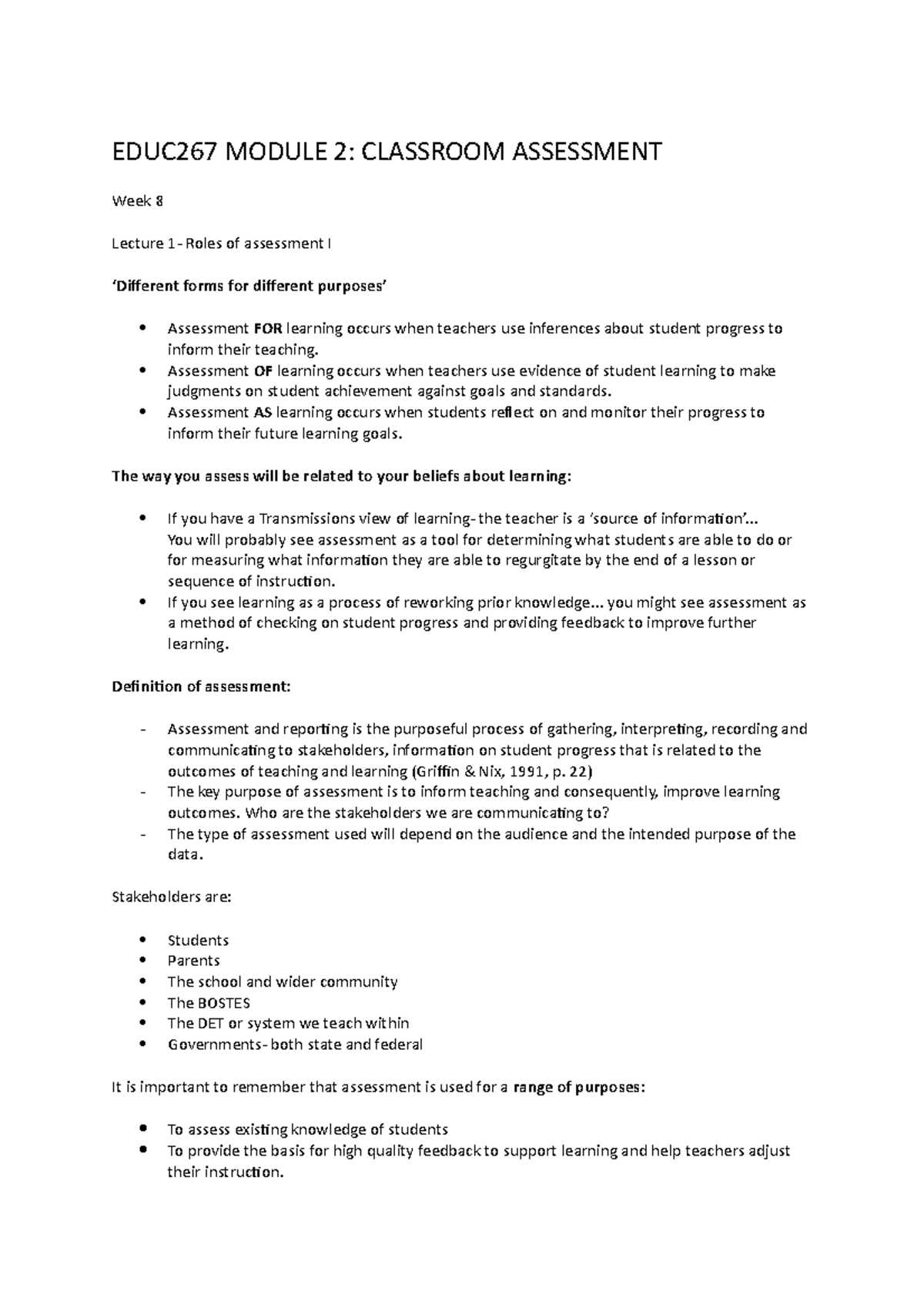 Brief EDUC Mod 2 notes - EDUC267 MODULE 2: CLASSROOM ASSESSMENT Week 8 ...
