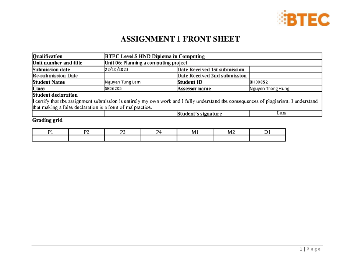 Unit 06 - Assignment 1 frontsheet - ASSIGNMENT 1 FRONT SHEET Qualification BTEC Level 5 HND ...