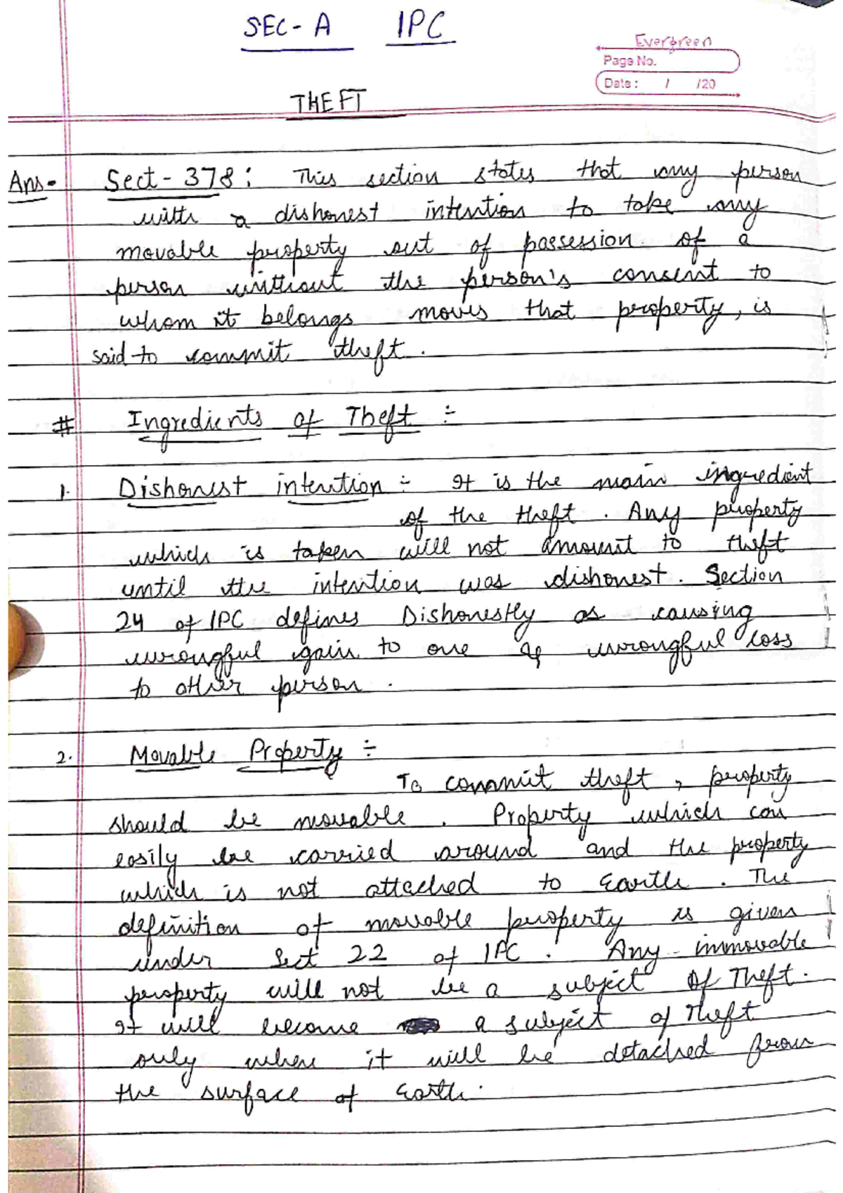 IPC - Section - A - Ipc sec - A IPC Evergreen Page No. Date: THEFT 378 ...