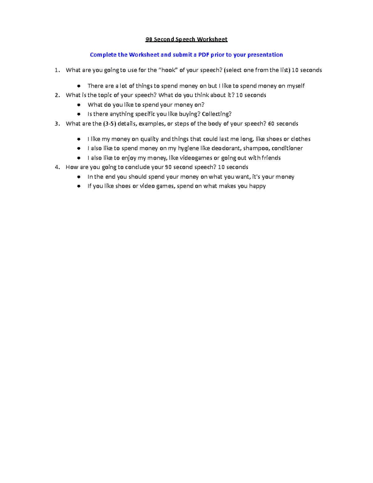 10 12 90 Second Speech Worksheet - 90 Second Speech Worksheet Complete ...