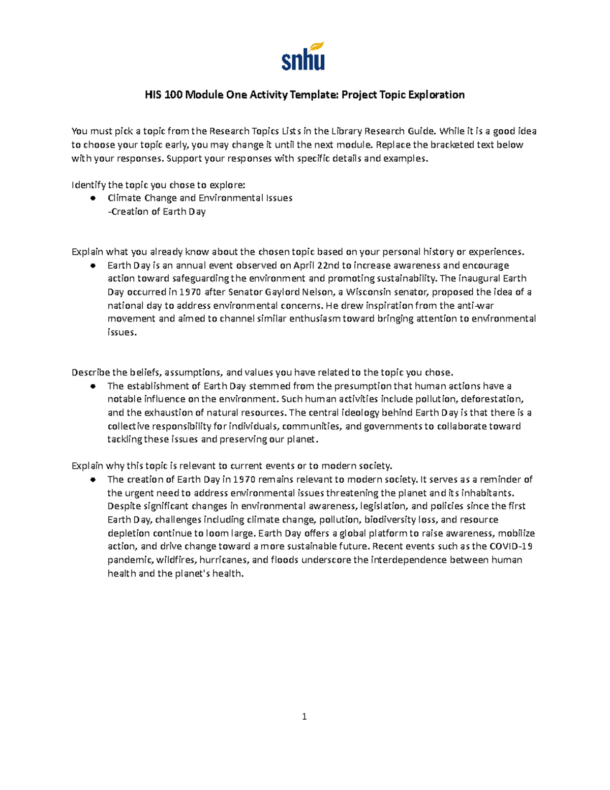 HIS 100 Module One Activity Template - While it is a good idea to ...