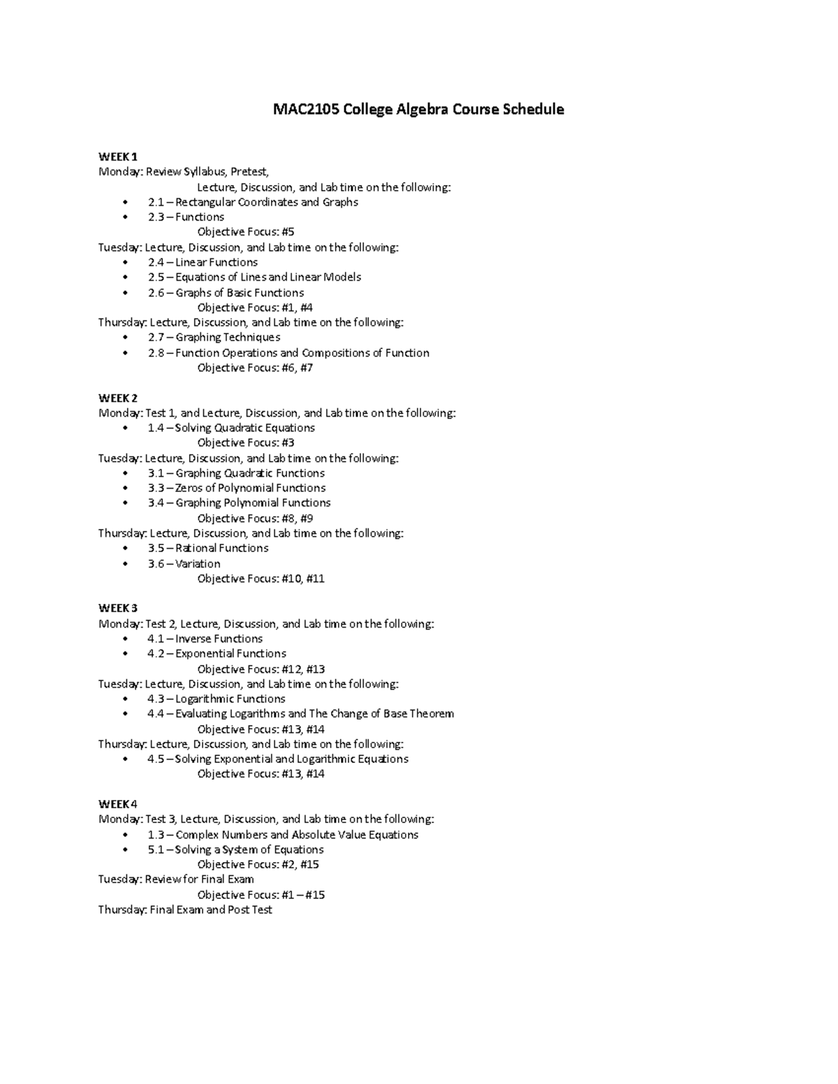 23FB MAC2105 College Algebra Course Schedule(1) - MAC2105 College ...
