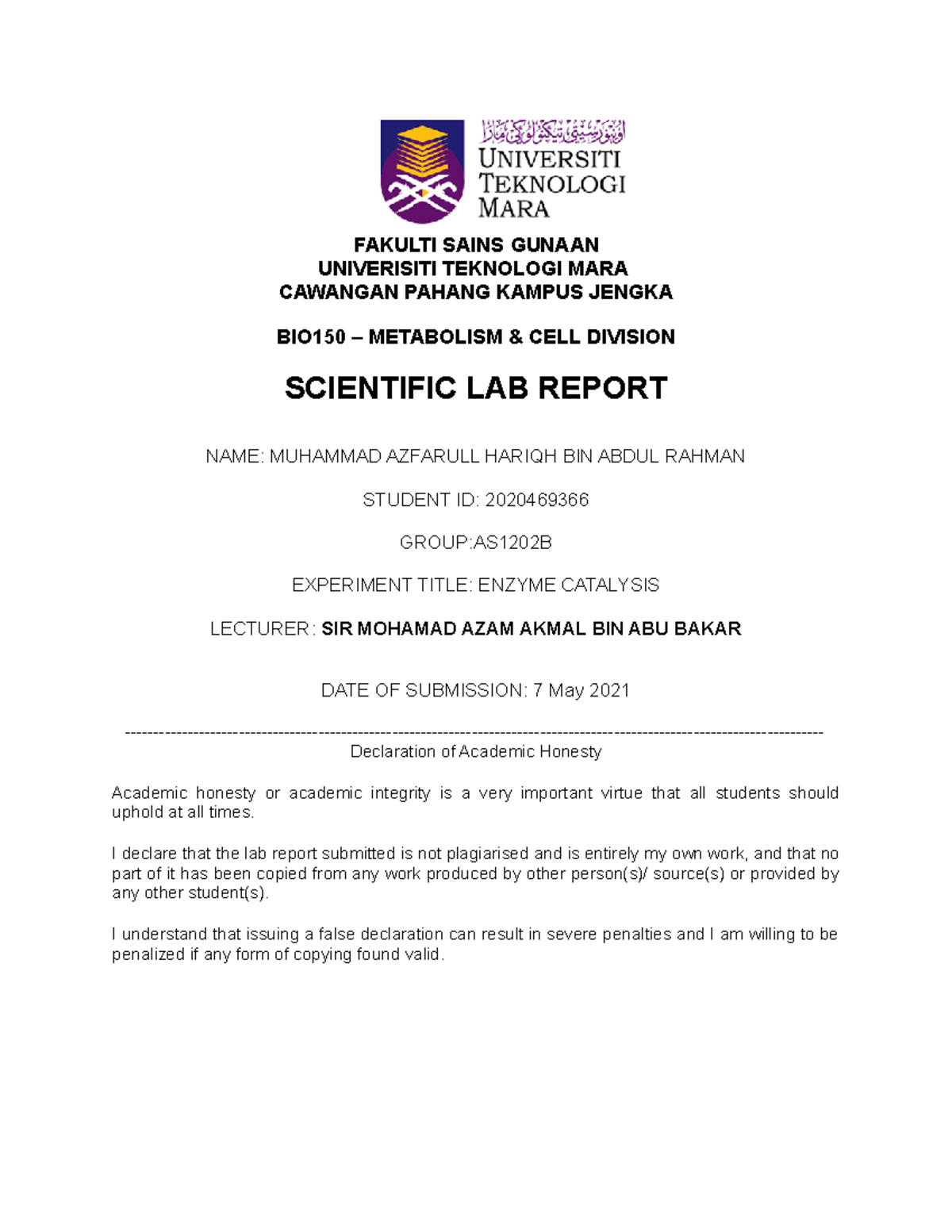 UNIVERSITI TEKNOLOGI MARA UITM LAB AS1202B Report BIO 150 - FAKULTI ...