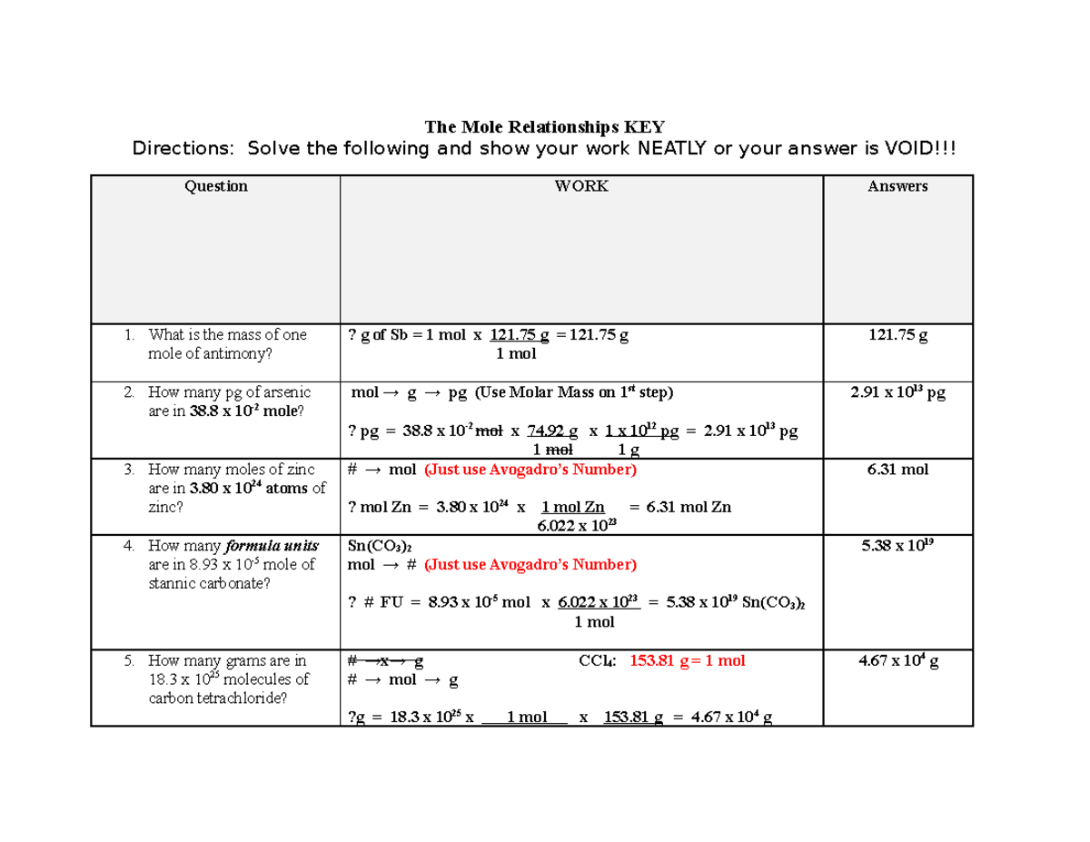Mole Relationships chem 10 with ALL Answers - The Mole Relationships ...