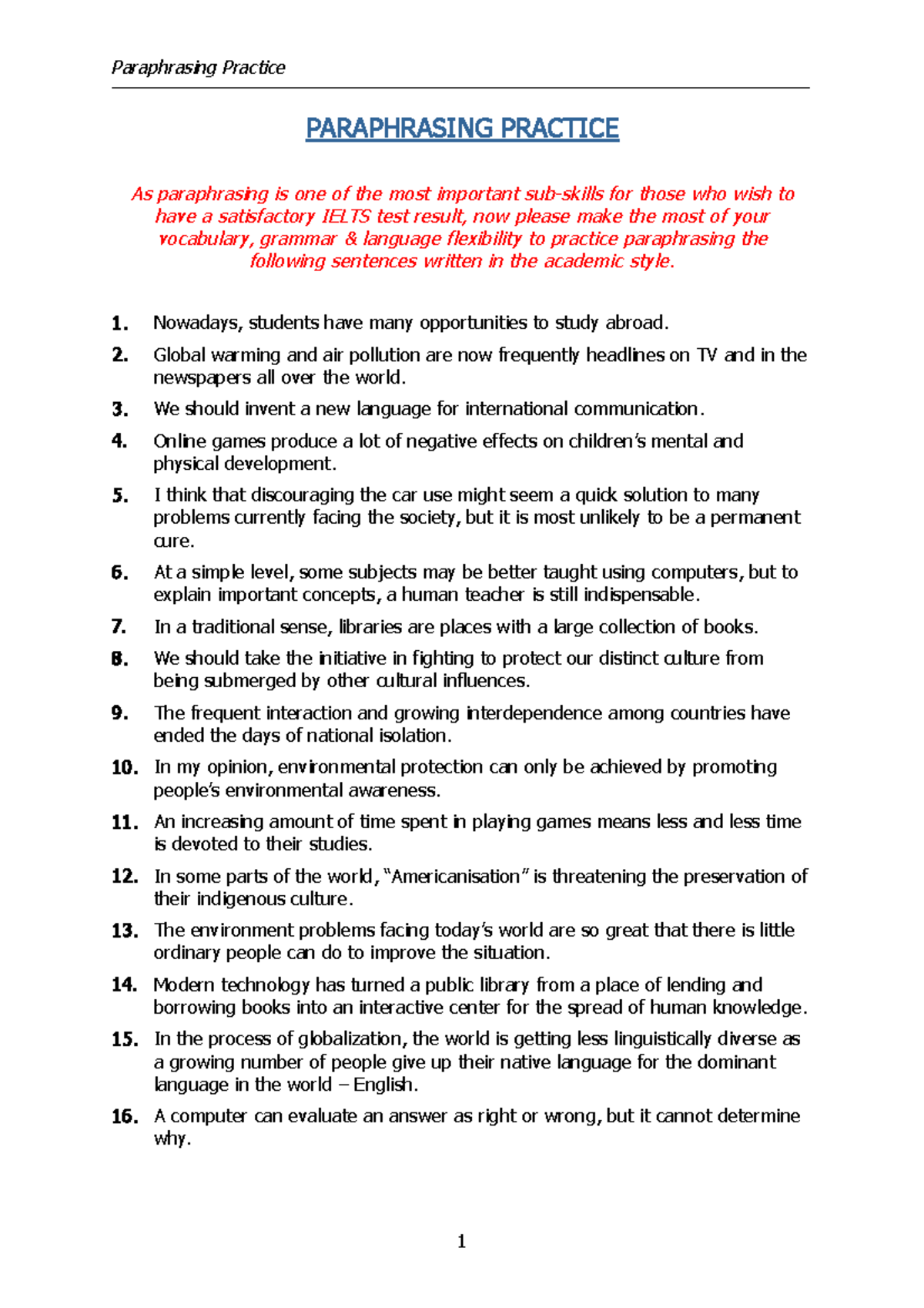 Paraphrasing-practice - Paraphrasing Practice 1 PARAPHRASING PRACTICE ...